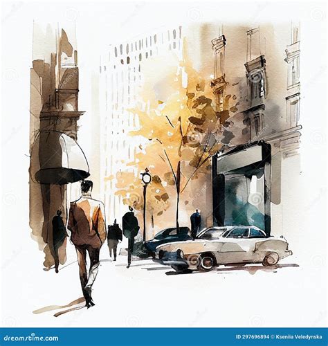 Watercolor Scketch Vintage City Street View Stock Illustration Illustration Of Person Road