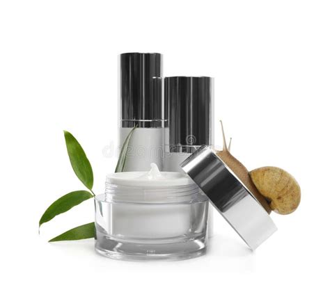 Snail, Cosmetic Products and Green Leaves Isolated in White Stock Photo ...