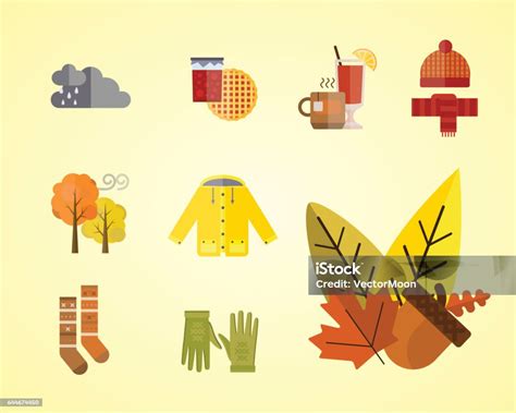 가 옷이을 도토리 잎 나무 모자 코트 비옷 파 카 양말 스카프 장갑 항목 설정의 컬렉션 부츠 Mulled 와인 벡터 일러스트 레이 션 0명에 대한 스톡 벡터 아트 및 기타