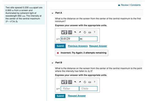 Solved N Review Constants Part A Two Slits Spaced Mm Chegg