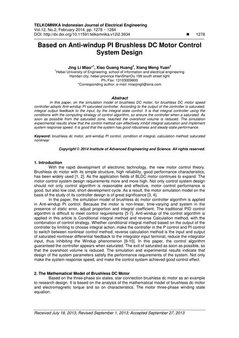 Pdf Based On Anti Windup Pi Of Brushless Dc Motor Control System Design