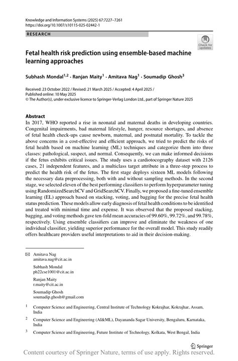 Fetal Health Risk Prediction Using Ensemble Based Machine Learning Approaches Request Pdf