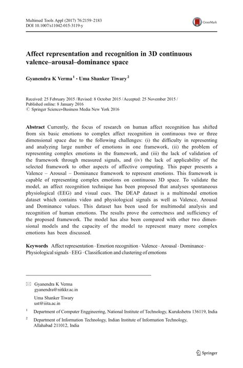 Pdf Affect Representation And Recognition In 3d Continuous Valence Arousal Dominance Space
