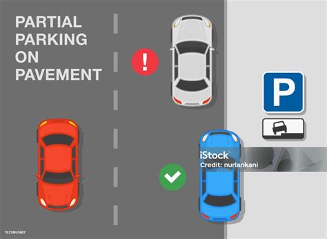 야외 주차 요령 및 규칙 도시 주차장에 주차된 올바른 차량과 잘못된 주차된 차량의 평면도 포장 도로에 부분 주차표지판 의미 개체 그룹에 대한 스톡 벡터 아트 및 기타 이미지