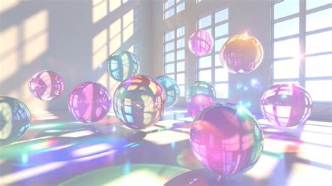 A Room Full Of Colorful Spheres That Are Reflecting The Light Stock