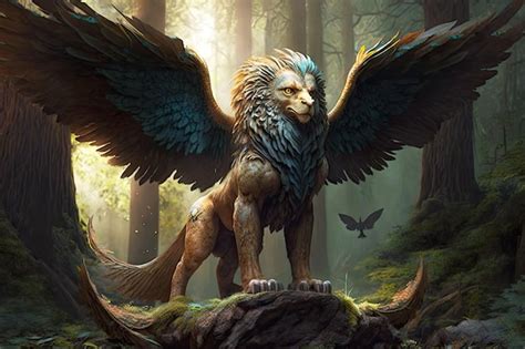 Enorme Y Poderoso Pájaro León Mítico Grifo En Bosque Generativo Ai Foto Premium