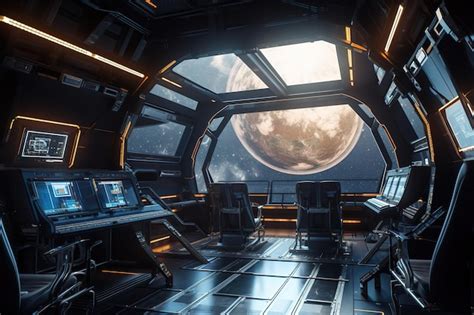 배경에 행성이 있는 우주선 내부 프리미엄 사진