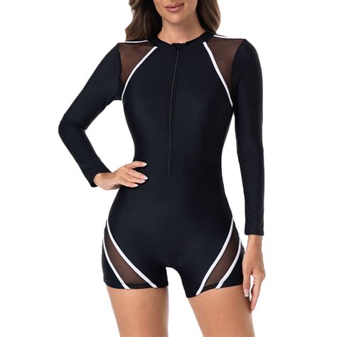 Ainiys Womens Long Sleeve 1 Piece Swimsuit Mesh Panel Cutout Detail