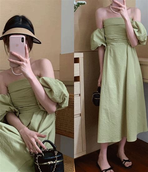 핀네르 ️ 소매 퍼프 러플 스모크 밴딩 오프숄더 투웨이 플레어 롱 원피스 3color 바캉스룩 추천👍🏻