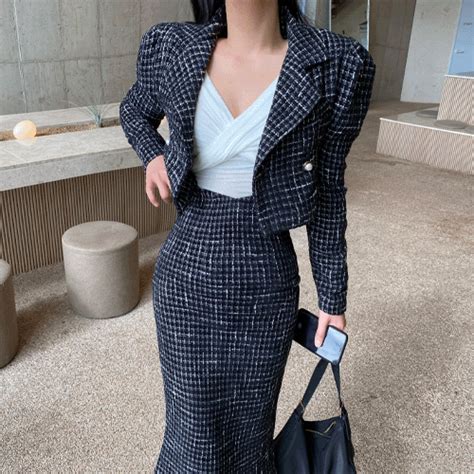 레논 트위드 자켓 스커트 셋업 크롭 퍼프 패드 롱 머메이드 트임 하이웨스트 하객룩 세트 Set 투피스 결혼식 에이블리