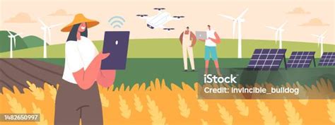 농업 경제학자 남성과 여성 캐릭터는 스마트 팜을 모니터링하기 위해 드론 및 센서와 같은 최첨단 기술을 사용합니다 인공지능에 대한