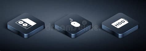 Set Isometric Case Of Computer Hard Disk Drive Hdd And Computer Mouse Icon Vector Stock Vector