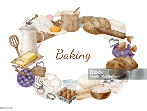 수채화 베이킹 도구 및 재료 프레임 흰색 배경에 격리된 복사 공간이 있는 손으로 그린 사각형 테두리 페이스트리 템플릿입니다 조리도구 빵 계란 반죽 거품기 앞치마 주걱