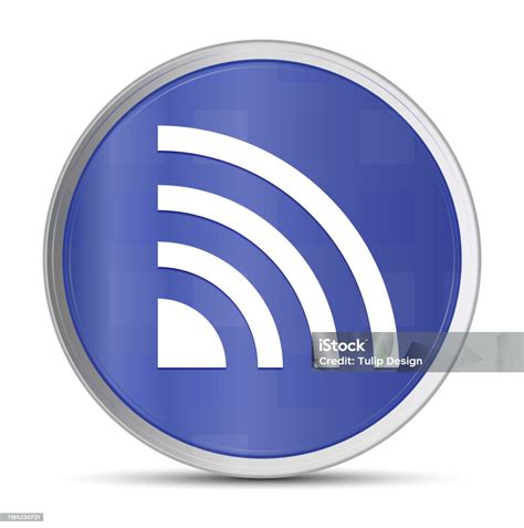 Rss 피드 아이콘 프라임 블루 라운드 버튼 벡터 일러스트 디자인 실버 프레임 푸시 버튼 Rss에 대한 스톡 벡터 아트 및 기타 이미지 Rss 개념 개념과 주제