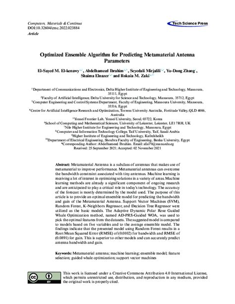 Pdf Optimized Ensemble Algorithm For Predicting Metamaterial Antenna