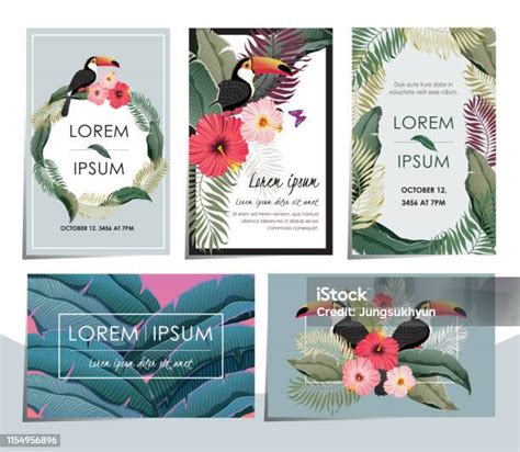 결혼식 기념일 생일 및 파티를 위해 손으로 그린 그림의 벡터 열 대 카드 세트 배너 포스터 카드 초대장 브로셔 및 스크랩북에 대 한 디자인 생일에 대한 스톡 벡터 아트 및