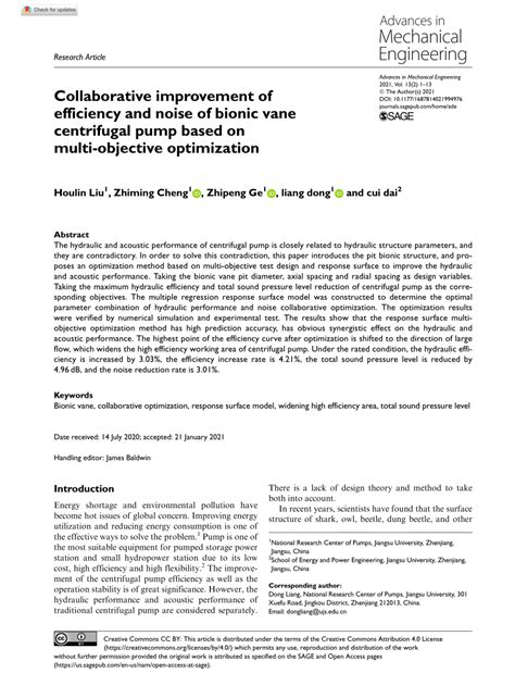 Pdf Collaborative Improvement Of Efficiency And Noise Of Bionic Vane Centrifugal Pump Based On