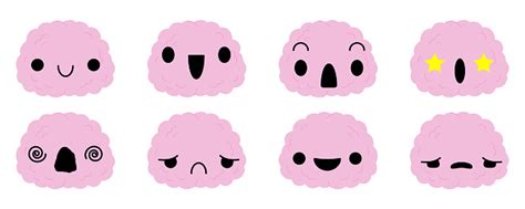 만화 귀여운 두뇌 얼굴 세트 감정을 가진 두뇌 캐릭터 내부 인체 장기 흰색 배경에 고립 된 스톡 벡터 그림 Mental Wellbeing에 대한 스톡 벡터 아트 및 기타