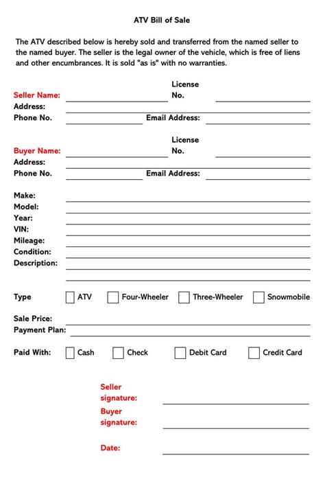 Bill Of Sale Template Atv
