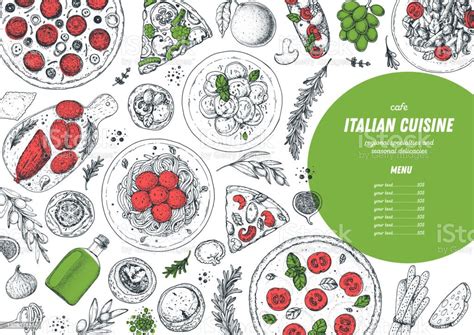 이탈리아 음식 맨 위 보기입니다 스케치 일러스트레이션 이탈리아 요리 디자인 템플릿입니다 손으로 그린 벡터 그림 흑백 각인 된