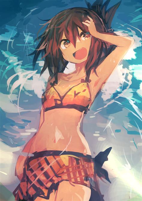 Safebooru - 1girl absurdres arm up armpits bangs bikini blue background brown eyes brown hair ...