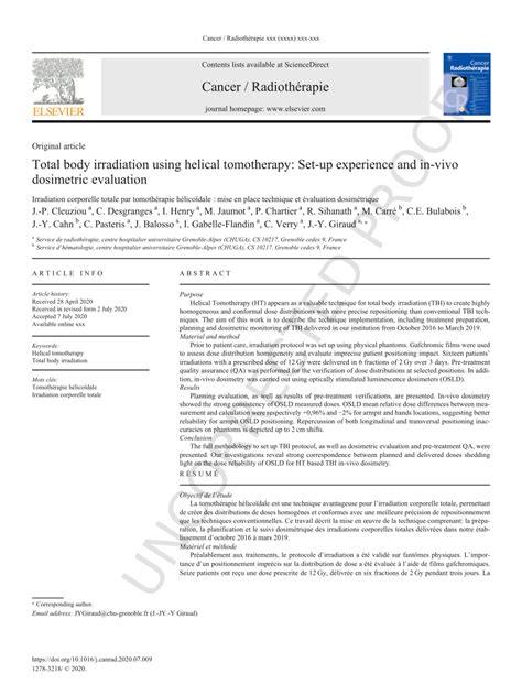 Pdf Total Body Irradiation Using Helical Tomotherapy Set Up Experience And In Vivo Dosimetric
