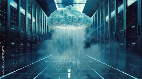 abstract cloud with binary code raining down onto a server room