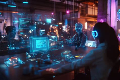 Digital Avatars Interact In A Modern Workspace Showcasing Advanced Technology And Virtual