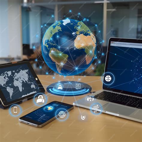 Tech Devices And Icons Connected Design To Digital Planet Earth Design Premium Ai Generated Image