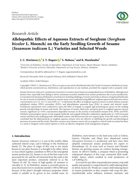Pdf Allelopathic Effects Of Aqueous Extracts Of Sorghum Sorghum Bicolor L Moench On The
