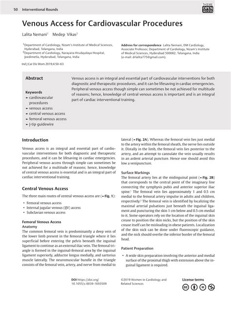 PDF Venous Access For Cardiovascular Procedures