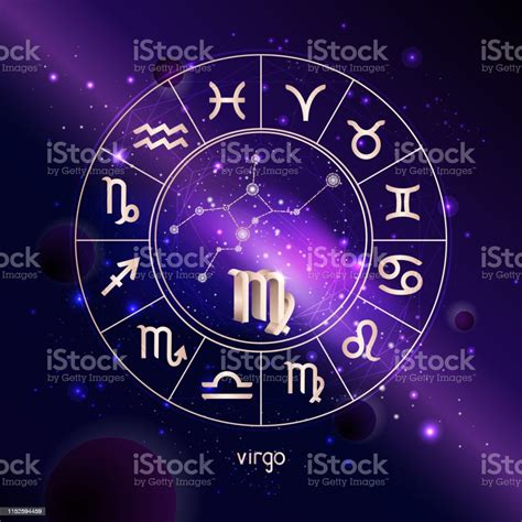 벡터 일러스트 레이 션 공간 배경에 대 한 별자리 원과 3d 기호 및 별자리 처녀 자리 별자리에 대한 스톡 벡터 아트 및 기타