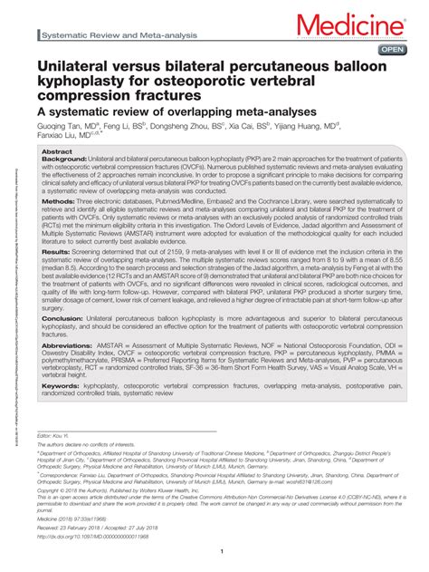 Pdf Unilateral Versus Bilateral Percutaneous Balloon Kyphoplasty For Osteoporotic Vertebral