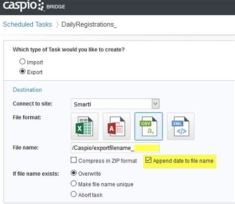 scheduled task export file naming with date stamp import export and