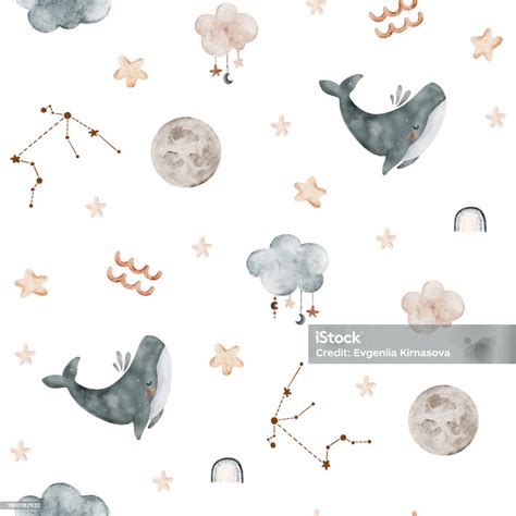 조디악 기호가 있는 수채화 완벽 한 패턴 물병자리 구름 별자리 별자리 기호 포스터 엽서 섬유 포장 인쇄 별자리 0명에 대한 스톡