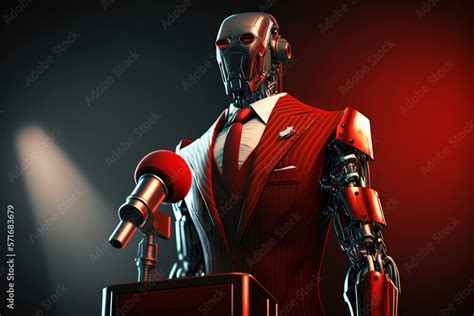 Socialist Or Communist Artificial Intelligence Bot Robot In Red Suit Giving A Speech To A