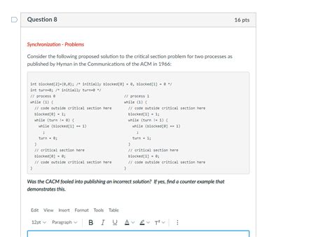 u question 8 16 pts synchronization problems