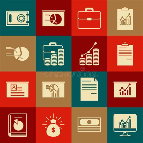 set computer monitor with graph chart board document briefcase and