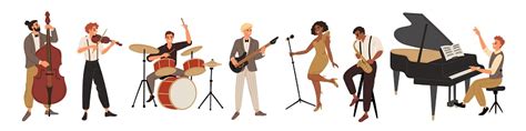 만화 재즈 뮤지션 전문 음악 밴드 사람들은 악기를 연주하고 노래를 부릅니다 피아노를 치는 남자 마이크를 가진 여자 엔터테인먼트