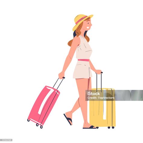 여행 가방을 들고 모자를 쓴 여자 캐릭터는 여행 벡터 일러스트레이션을 가지고 여름 휴가를 간다 가방에 대한 스톡 벡터 아트 및