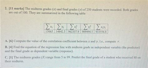 solved 2 [11 marks] the midterm grades x and final grades