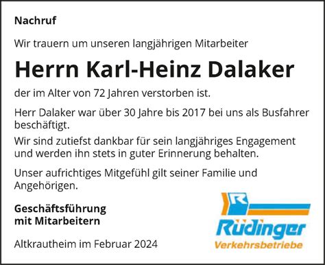 Traueranzeigen Von Karl Heinz Dalaker Trauerundgedenkende