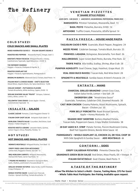 Menu At The Refinery Restaurant Pittston