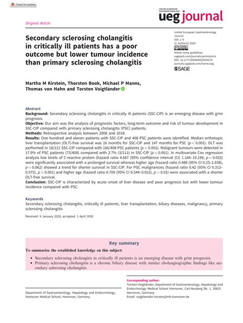 Pdf Secondary Sclerosing Cholangitis In Critically Ill Patients Has A Poor Outcome But Lower