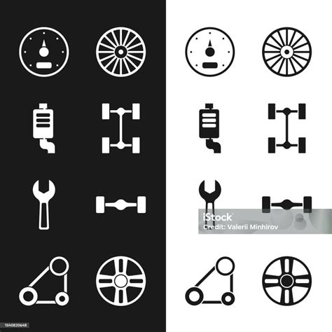 섀시 자동차 자동차 머플러 속도계 알로이 휠 렌치 스패너 및 타이밍 벨트 키트 아이콘을 설정합니다 벡터 가장자리에 대한 스톡 벡터 아트 및 기타 이미지 Istock