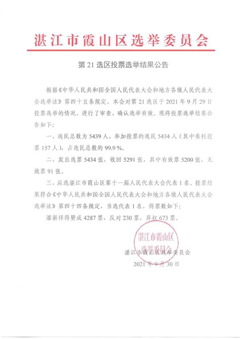 第21选区投票选举结果公告 广东海洋大学