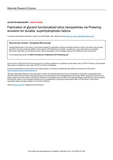 Pdf Fabrication Of Glycerol Functionalized Silica Nanoparticles Via Pickering Emulsion For