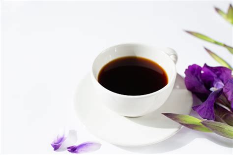 검은 커피와 홍채 꽃이 있는 머그잔이 흰색 배경에 있습니다 커피잔에 대한 스톡 사진 및 기타 이미지 커피잔 꽃 식물