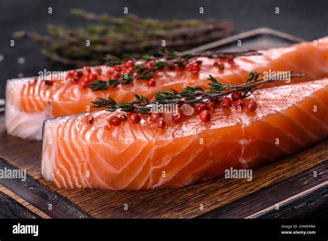 Salmon Fresh Raw Salmon Fish Fillet With Cooking Ingredients And Herbs