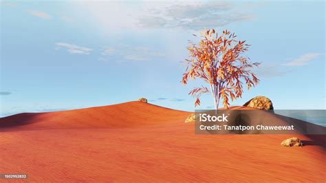 3d 렌더링 혼자 나무가 있는 초현실적인 모래 언덕 풍경 배경 조미료 풍경 환경에서 추상적인 환상적인 사막 모래 언덕 복사 공간 푸른 하늘 및 흐린 파노라마 미래 장면 3